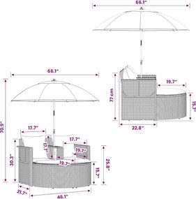 vidaXL Marketos 2místná zahradní pohovka podušky a slunečník šedá polyratan