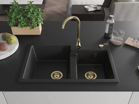 Mexen Tomas, granitový dřez 800x500x190 mm, 2-komorový, černá-stříbrná metalíza se zlatým sifonem, 6516802000-73-G
