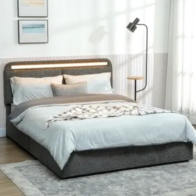 HOMCOM postel s úložným prostorem 140 x 190 cm s LED osvětlením, nastavitelná opěrka hlavy, rám dvoulůžka, dřevěné lamely, šedá