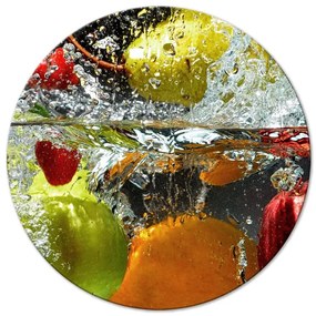 Kulatý obraz Osvěžení - fotografie ovoce padajícího do vody na černém pozadí