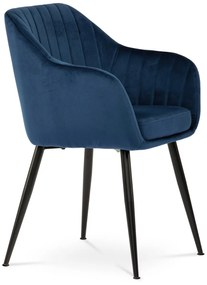 Jídelní židle, potah modrá sametová látka, kovové nohy, černý matný lak