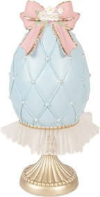 Modré vajíčko na podstavci se sukýnkou a mašlí - Ø 12*28 cm