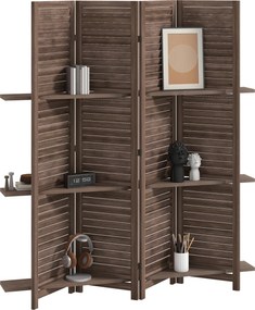 HOMCOM dřevěná vnitřní paravánka 4 panely 160 x 170 cm, skládací přepážka s 3 policemi, ořech