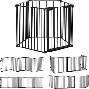 PawHut 2 v 1 Psí Ohrádka 5-dílná Skládací Zábrana se Dveřmi, DIY Ohrádka pro Štěňata, Ochrana Krbu, Ochrana Trouby pro Malé a Střední Psy, 300 x 74,5