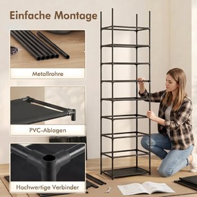 HOMCOM 10patrový úzký kovový botník s ochranným krytem proti prachu – pro 20 párů, 45 × 30 × 175 cm, černý