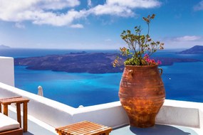DIMEX | Vliesová fototapeta Ostrov Santorini MS-5-3121 | 375 x 250 cm | modrá, bílá, hnědá