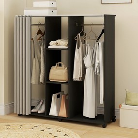 HOMCOM Šatní skříň, šatník, mobilní úložná skříň 6 koleček 120L x 40l x 128H cm, černé dřevo