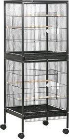 Ptačí klec PawHut na kolečkách Velká dvoupatrová voliéra s vyjímatelnými zásobníky, krmítky a bidly pro kanáry aandnbsp;and budgie 51.5x50x140 cm Čer…