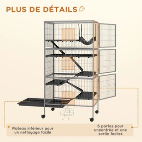 Pawhut Multifunkční klec pro hlodavce se 4 platformami, 3 rampami a 4 dvířky, rozměry 80L x 52W x 159H cm, šedá, stříbrná, černá, ocel