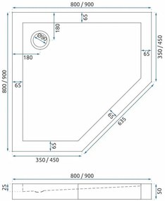 Rea Diamond, 5-úhelníkový sprchový kout 90x90, 6mm čiré sklo, zlatý matný profil + bílá sprchová vanička, KPL-K6506
