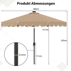 Costway 300 cm slunečník s LED osvětlením a klik a valance market, hnědý