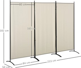 HOMCOM 3-panelový paravan 253x50x182 cm skládací paravan s 6 kovovými nohami, ochranný paravan pro kancelář a ložnici, béžový