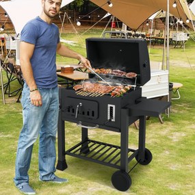 Costway Sudový gril na dřevěné uhlí s 2 sklopnými bočními stolky Venkovní gril
