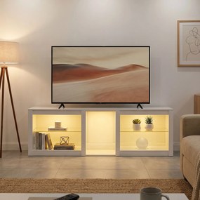 HOMCOM TV komoda s RGB LED osvětlením, moderní TV nábytek s nastavitelnými skleněnými policemi, pro televize až do 75 palců, bílá