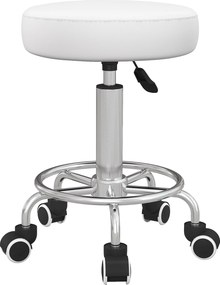 Vinsetto Height-Adjustable Rolling Salon Stool with Foot Ring – White PU Leather, Ø16.5 x 19.7–25.2 in | Aosom