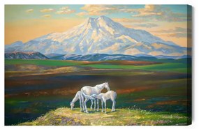 Obraz Koně Na Pozadí Hor Nedostatek Nedostatek Přírodní plátno 100x70