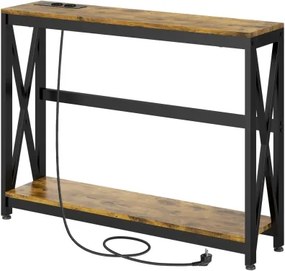 HOMCOM Úzký industriální konzolový stůl se 2 úrovněmi a zásuvkami a USB, 100 x 24 x 75 cm, hnědá