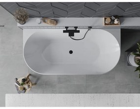 Mexen Oval Slim, volně stojící vana ke stěně 170 x 80 cm, bílá lesklá, černý matný přepad, 52661708000-70
