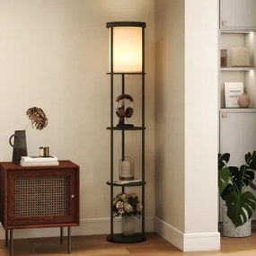 HOMCOM Stojací lampa s 3 policemi, kulatý design, dálkové ovládání, nožní spínač, nastavitelná teplota světla, pro obývací pokoj, černá