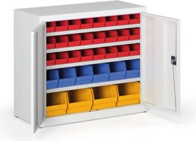 Skříň s plastovými boxy BASIC - 800 x 400 x 920 mm, 24xA, 6x B, 4x C, šedá/šedé dveře