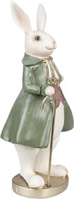 Dekorace bílý králík v zeleném kabátě s holí - 12*9*26 cm