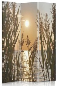 Ozdobný paraván Západ slunce u jezera - 110x170 cm, třídílný, obustranný paraván 360°