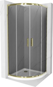 Mexen Rio, čtvrtkruhový sprchový kout s posuvnými dveřmi 90 (dveře) x 90 (dveře) x 190 cm, 5mm šedé sklo, zlatý profil + bílá sprchová vanička SLIM, 863-090-090-50-40-4110G