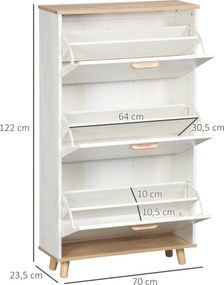 HOMCOM Moderní botník Úzký botníkový regál s 3 skládacími zásuvkami pro 12 párů obuvi a nastavitelnou policí pro předsíň 70x23,5x122 cm Bílý