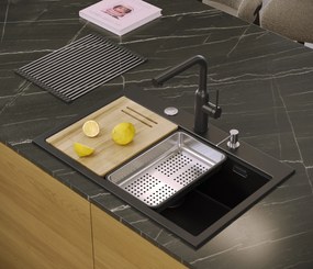 Černý kuchyňský granitový dřez QUADRON Marc 110 s příslušenstvím bez baterie