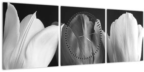 Obraz - Černobílé květy tulipánů (s hodinami) (90x30 cm)