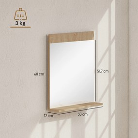 HOMCOM nástěnné koupelnové zrcadlo s otevřenou poličkou, zrcadlo pro předsíň, chodbu 50x12x60 cm, dub