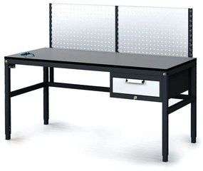 Antistatický dílenský ESD stůl s perfopanelem, 1 zásuvkový box na nářadí, 1600x800x745-985 mm