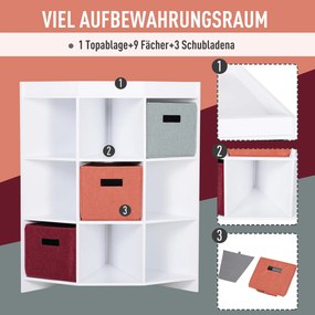 HOMCOM® Rohové regálové policové stojanové regály s 3 zásuvkami, úsporné místo, MDF, bílé