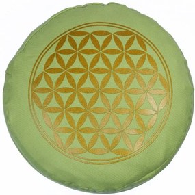 S radostí - vlastní výroba Meditační polštář se zlatým Květem života - zelená pistáciová Velikost: ∅35 x v25 cm