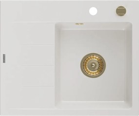 Mexen Ben, 1-komorový granitový dřez 600x500x190 mm, pravý + zlatý sifon, bílá, 6523605000-20-G