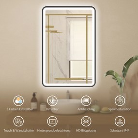 HOMCOM 90 x 60 cm LED koupelnové zrcadlo, světla, 3 barvy, stmívatelné, paměťová funkce, horizontálně a vertikálně, černé