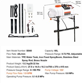 E-CrossStu GmbH​  Zahradní postřikovač pro  ATV, traktůrek,  60 l/15,9 gal, 12 V čerpadlo, nastavitelný výložník, průtok 1,9 GPM, nastavitelný tlak 0 - 72 PSI, 6,1 m hadice, VEVOK022 | bílý