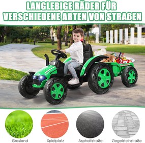 Costway 12 V dětský elektrický traktor s přívěsem – 151 × 68 × 70 cm, zelený