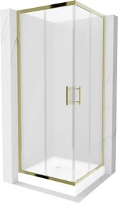 Mexen Rio, čtvercový sprchový kout s posuvnými dveřmi 80 (dveře) x 80 (dveře) x 190 cm, 5mm sklo námraza, zlatý profil + bílá sprchová vanička RIO, 860-080-080-50-30-4510
