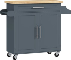 HOMCOM Víceúčelový Kuchyňský Vozík s Šuplíkem, Kolíky, Regálem na Koření, Skříňkou a Horní Deskou z Gumového Dřeva, 109x40x89 cm, Šedý