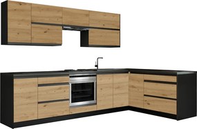 Rohová univerzální kuchyňská linka 300x180, dub artisan/černá, BRECK