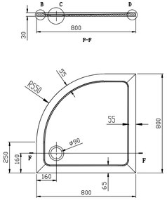 Aqualine TECMI sprchová vanička z litého mramoru, čtvrtkruh 80x80x3cm, R55 PQ558