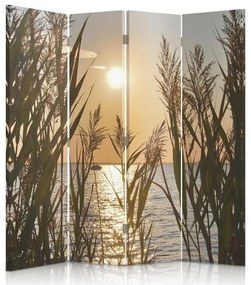 Ozdobný paraván Západ slunce u jezera - 145x170 cm, čtyřdílný, obustranný paraván 360°