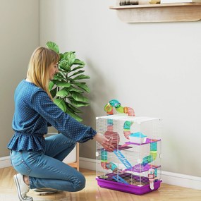 Klec pro křečky PawHut, 4 úrovně s tunely, krmítkem, kolem, domkem a žebříky, rozměry 46D x 30Š x 58V cm, fialová