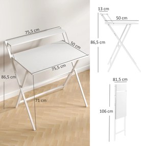 HOMCOM Skládací Počítačový Stolek 75,5 x 50 cm se Skladovací Policí, Psací Stůl do Ložnice, pro Malé Prostory, Bílá
