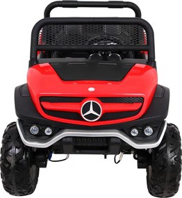 Ramiz Mercedes Benz Unimog elektrické autíčko pro děti červené + pohon 4x4 + dálkové ovládání + nosič zavazadel + pomalý start + MP3 + LED