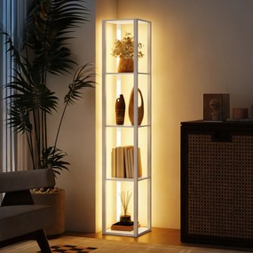 HOMCOM LED stojací lampa s policemi, moderní stmívatelná stojací lampa se 3 úrovněmi jasu a nožním spínačem, bílá