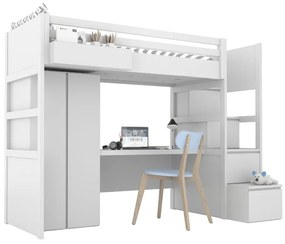 BAMI Bílá vyvýšená postel SIMONE s úložnými schody, skříní, psacím stolem a policí 90x200 cm Zvolte stranu: Vpravo