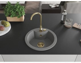Mexen Diego, granitový dřez 488x488x167 mm, 1-komorový, šedá se zlatým sifonem, 6512481000-71-G
