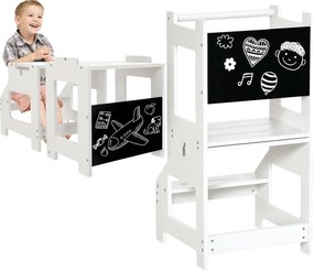 HOMCOM 2v1 Učící Věž Dětský Stolička pro 3+ Let, Převoditelná na Stůl s Tabulí a Bezpečnostním Příčným 42x44x86 cm Bílá | Aosom
